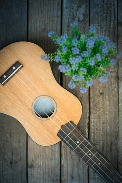Ukulele and flower on wooden background - Stock Image - Everypixel