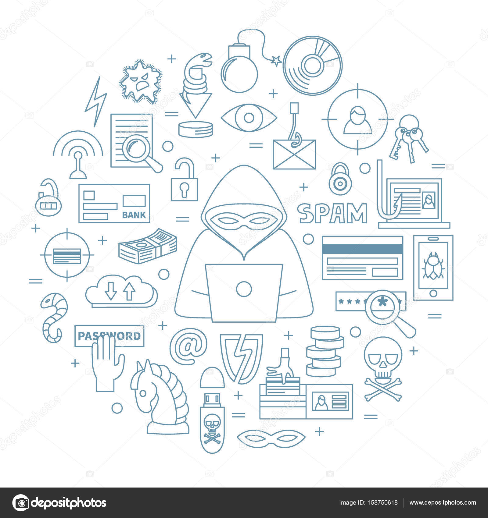 Hacking and cyber crimes round vector illustration Stock Vector Image ...
