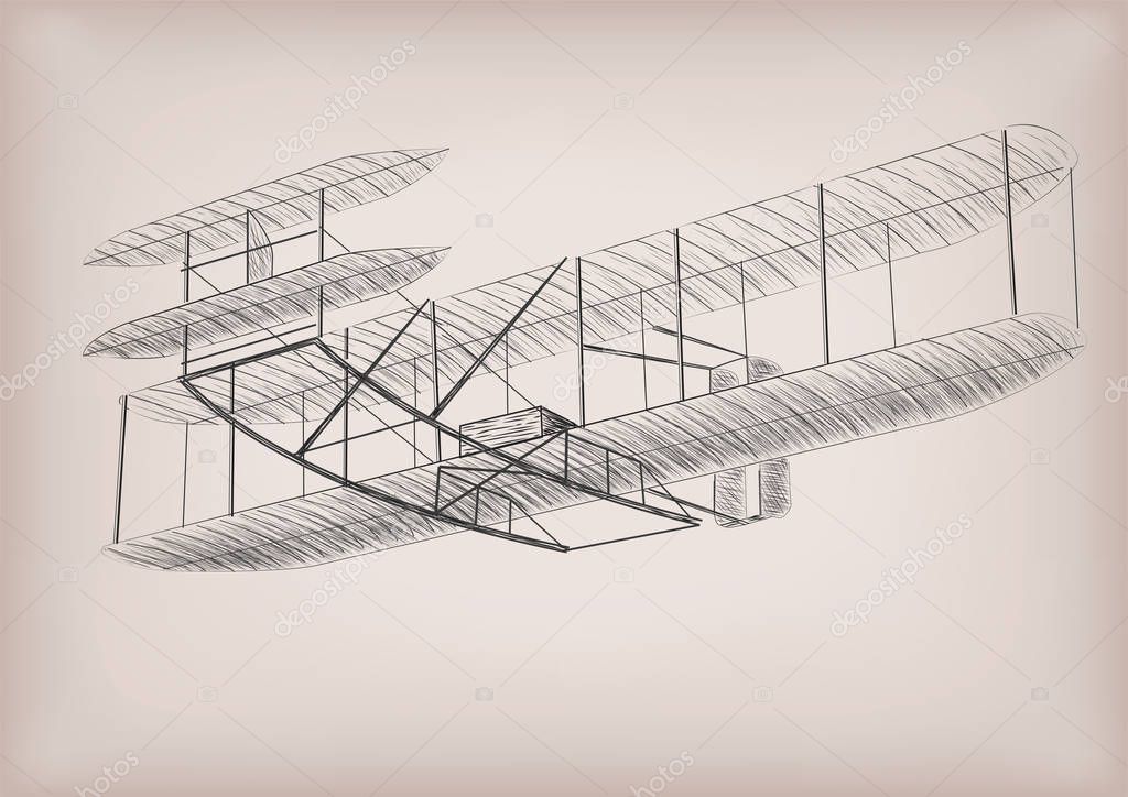 The first plane aircraft construction graphic drawing in black line ...