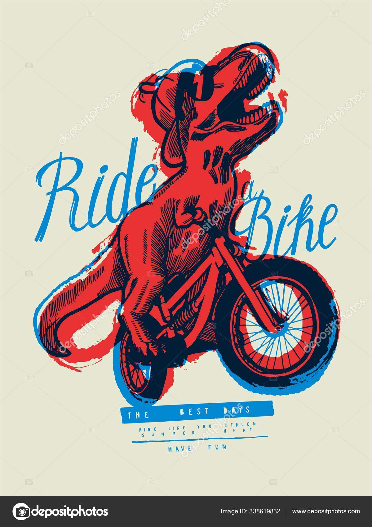 T-rex riding a bicycle laughing. Cute dino sports t-shirt print vector ...