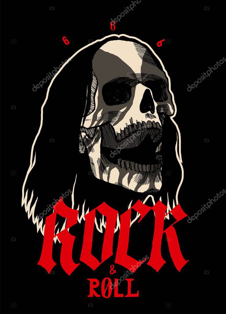 Cara de cráneo de metal negro rock and roll pintada en blanco y negro ...