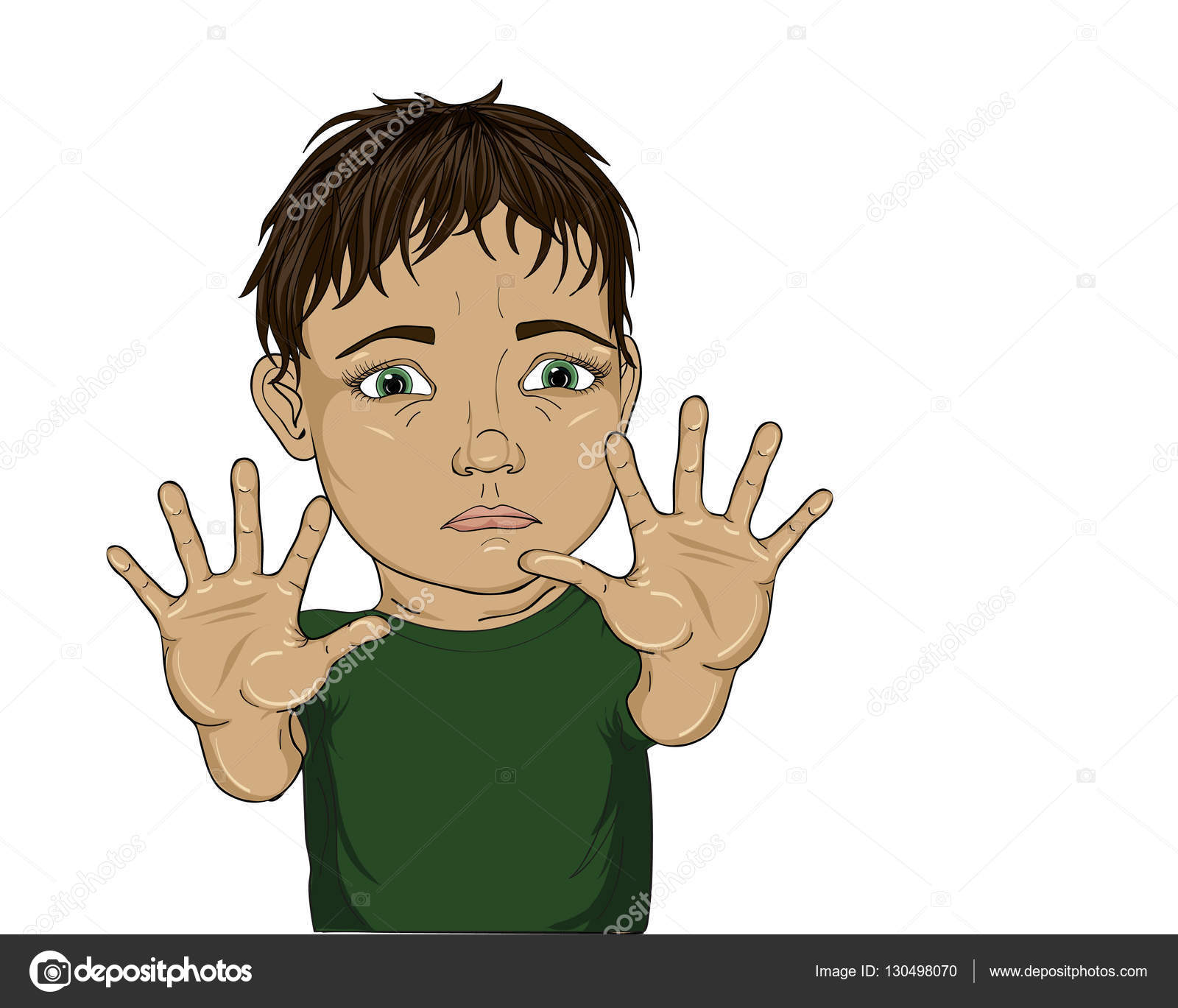 Scared little boy trying to hide putting her hands forward. Stock ...