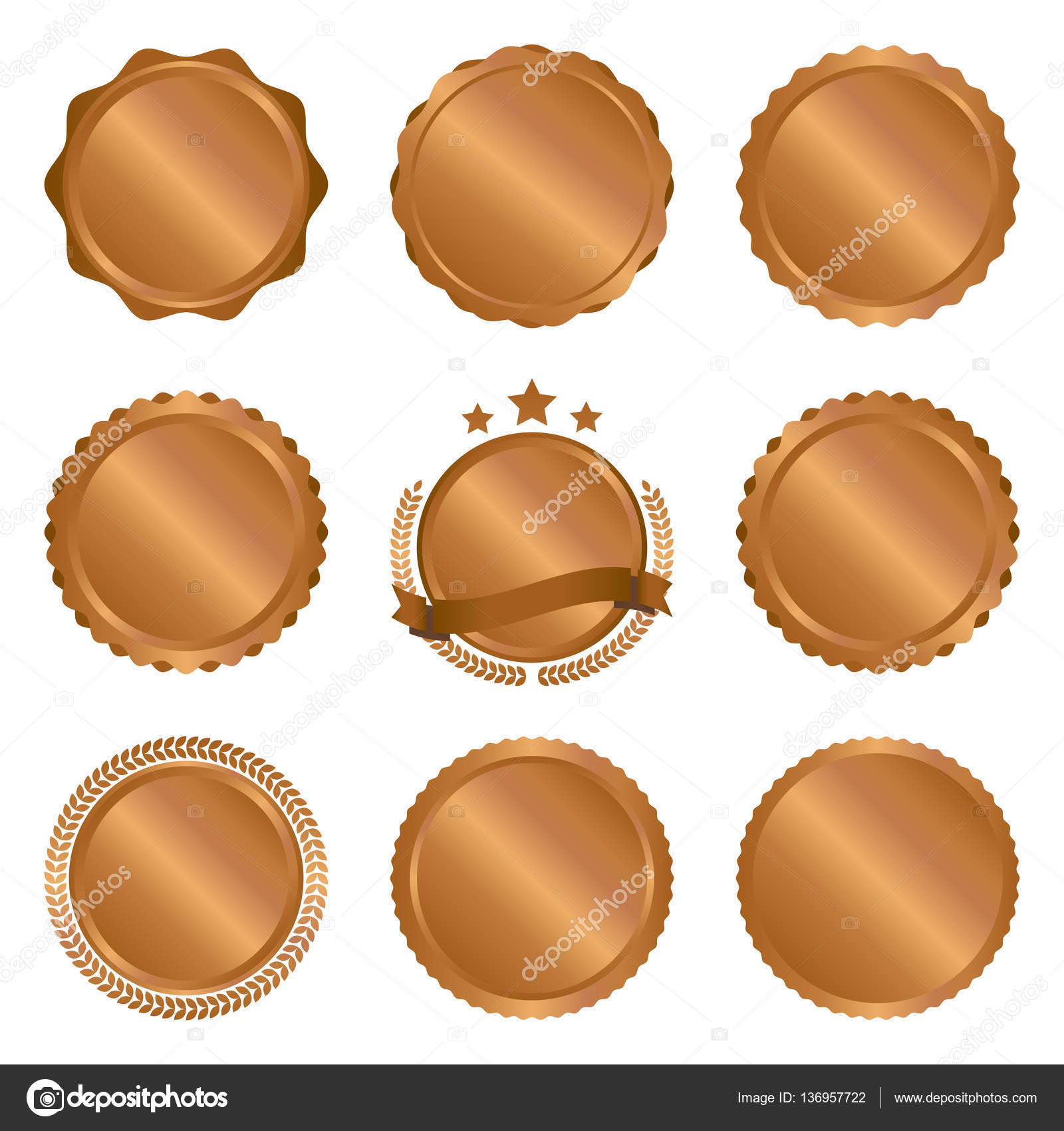 Collection of modern, bronze circle metal badges, labels and design ...