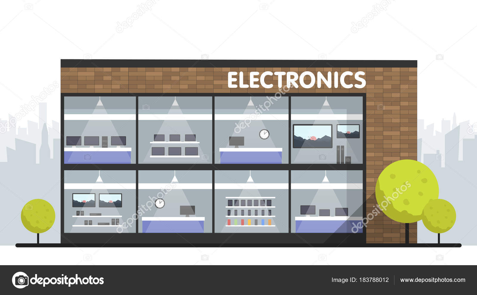Computers and electronics store building and interior, laptops mobile ...