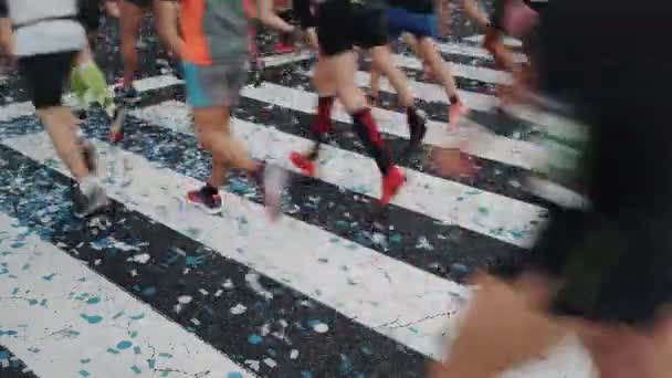 Marathon start finish line with confetti runners — Stock Video ...