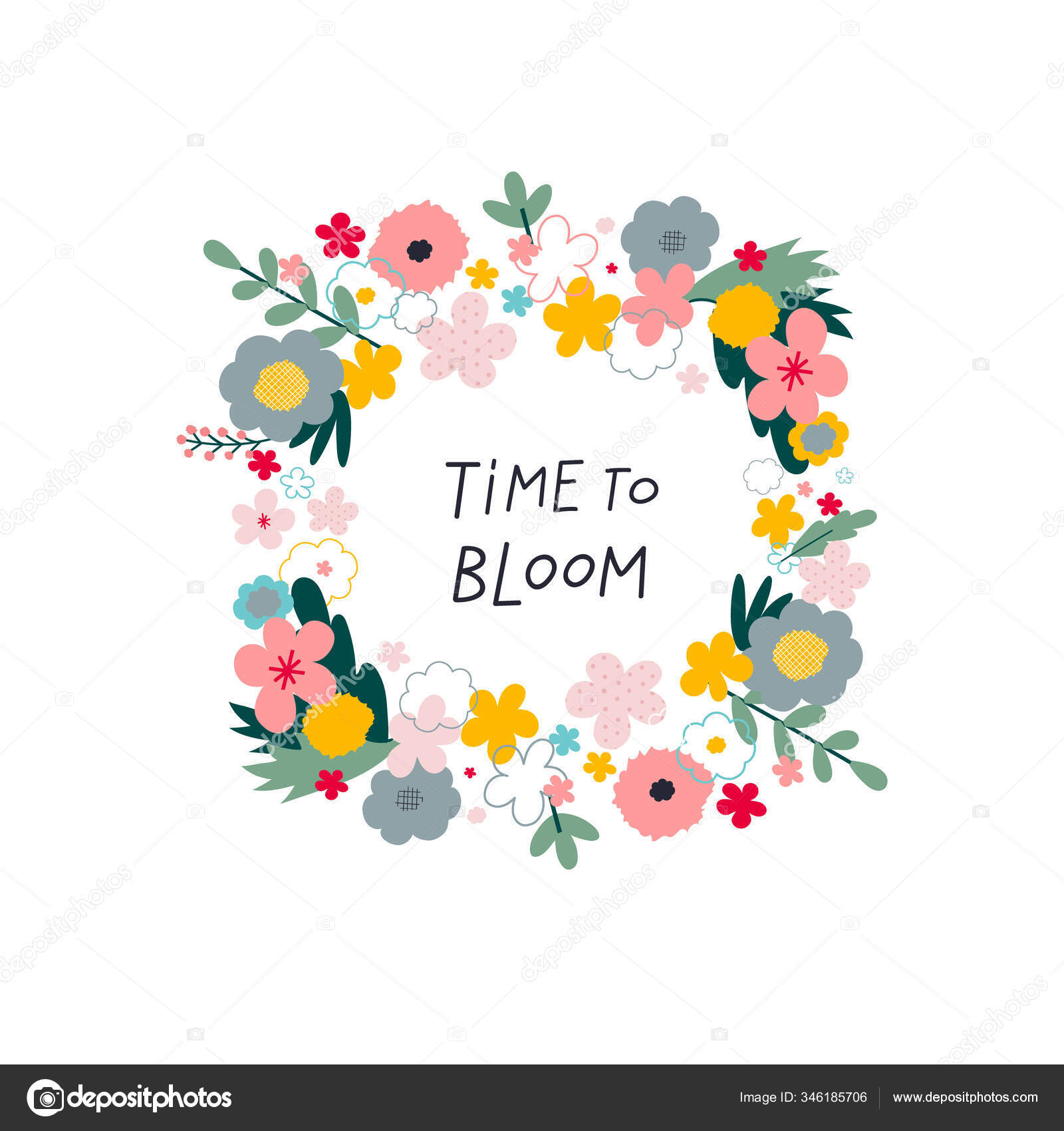 Time Bloom Lettering Flowers Wreath Frame Cutout Style Postcard ...