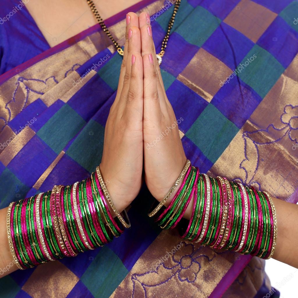 Traditional Indian woman greeting Namaste — Stock Photo © godsandkings ...