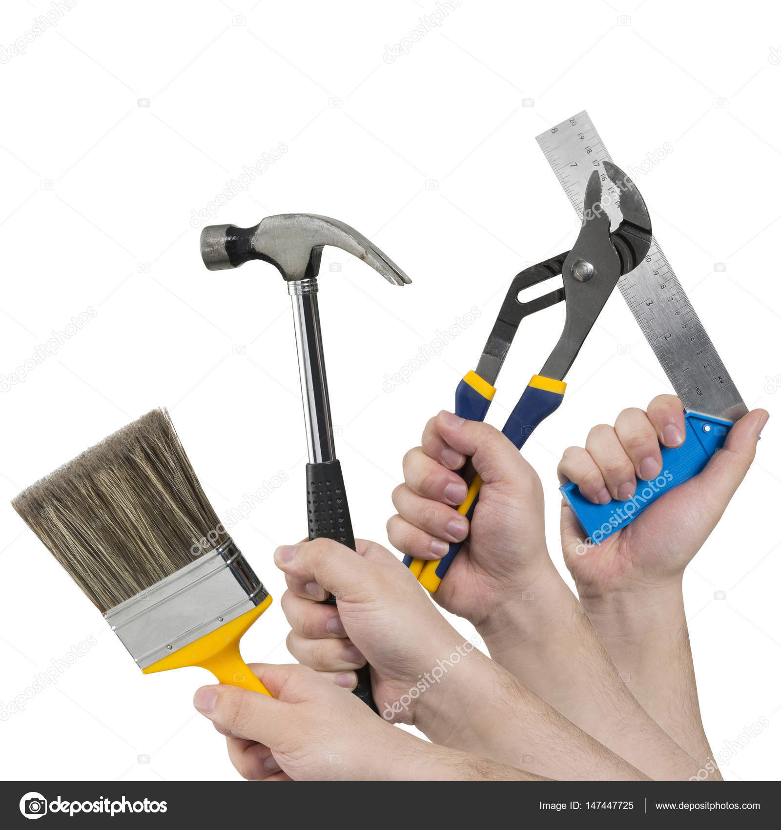 Square Image of Hands Holding Various Construction Tools — Stock Photo ...