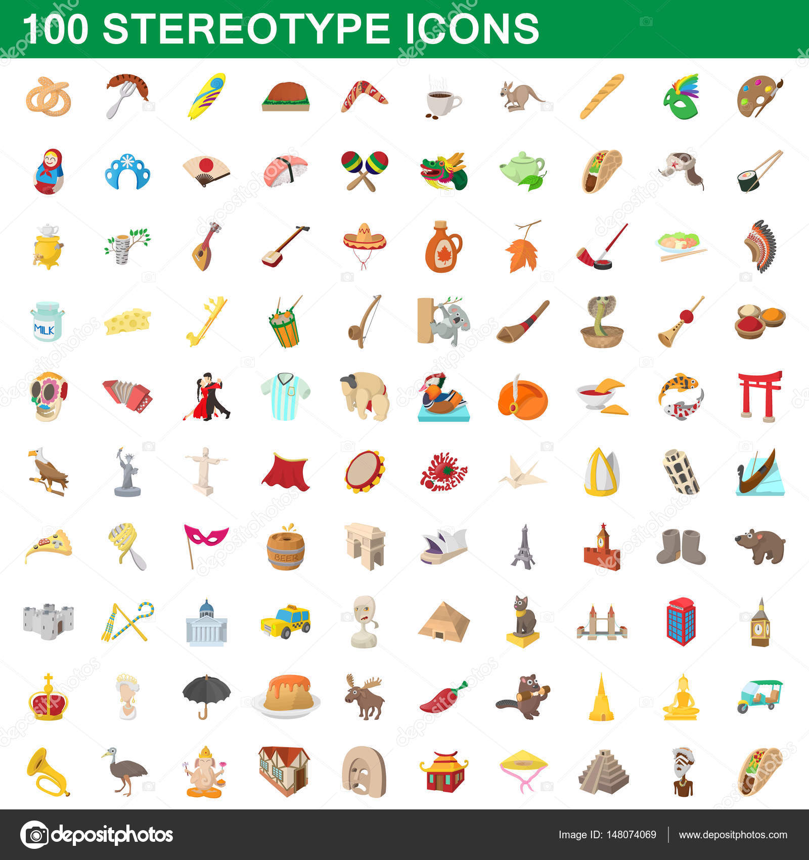 100 stereotype icons set, cartoon style — Stock Vector © juliarstudio ...