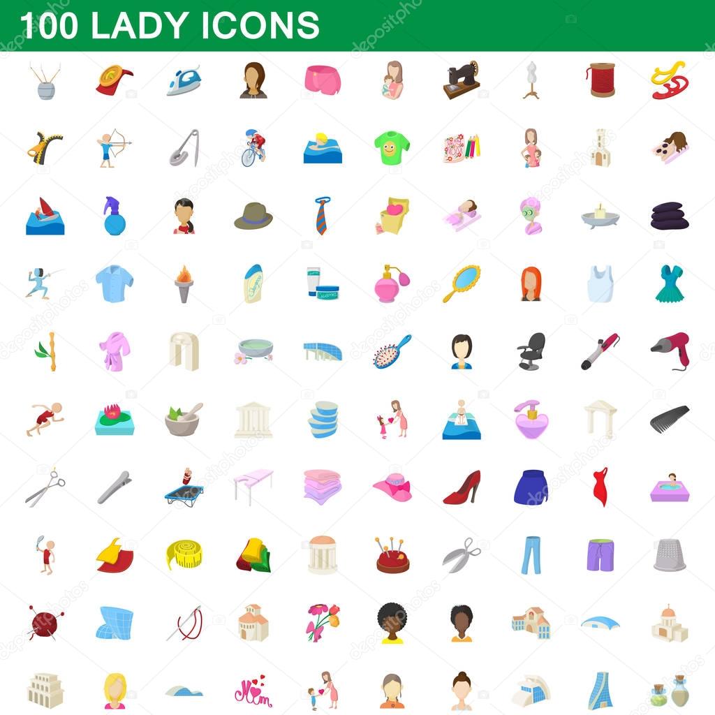 100 conjunto de iconos de dama, estilo de dibujos animados 2023