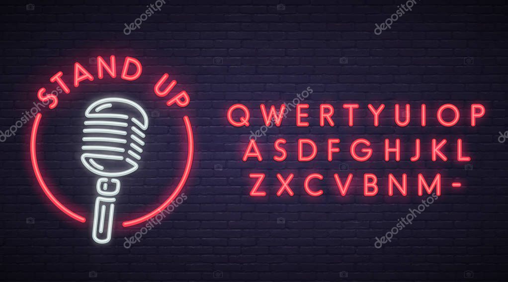 Stand Up letrero de neón, letrero brillante, banner de luz. Logo Stand ...