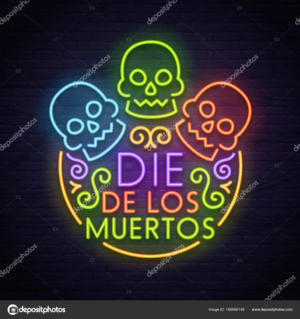Skulls neon sign. Day of the Dead(Dia de Muertos). Neon sign, bright ...