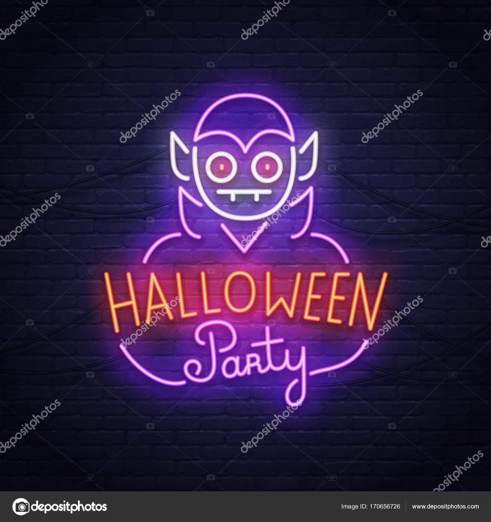 Cute vampires neon sign. Night paty neon. Happy Halloween. Neon sign ...