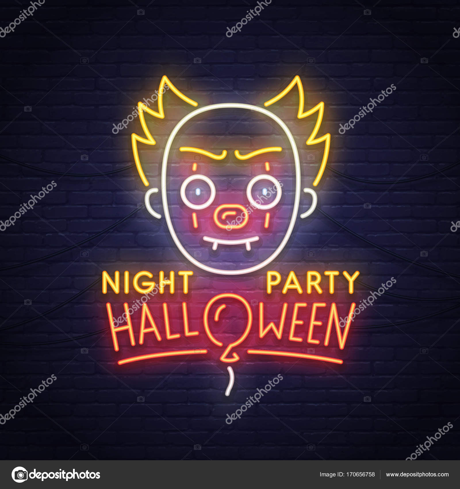 Cute clown neon sign. Night party. Happy Halloween. Neon sign, bright ...
