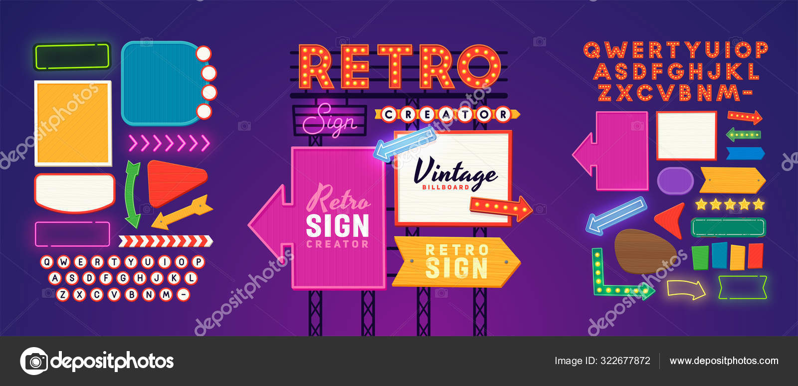 Retro signboard creator. Set elements for street sign. Scene creator ...