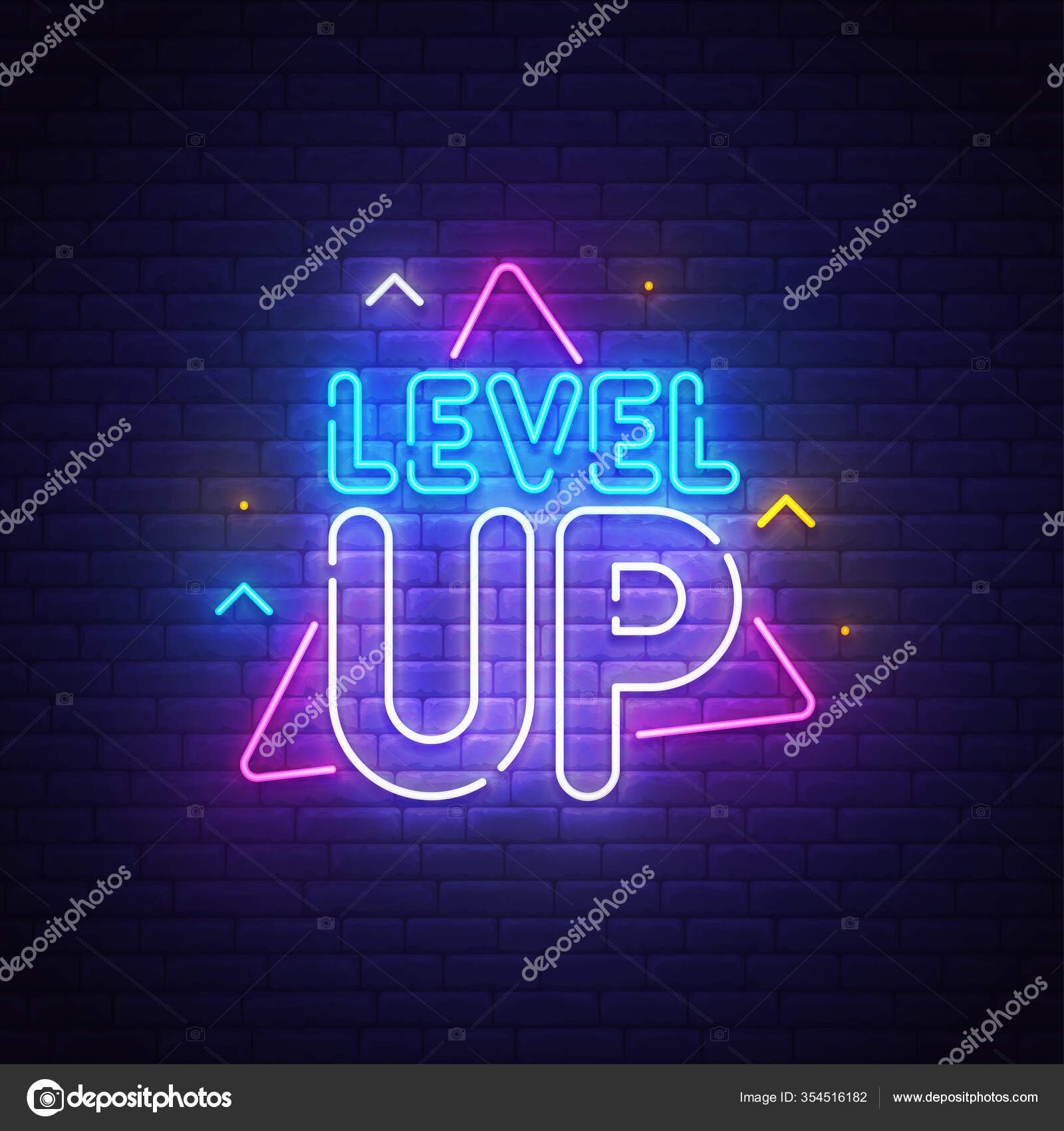Juego emergente. Sube de nivel letrero de neón, letrero brillante ...