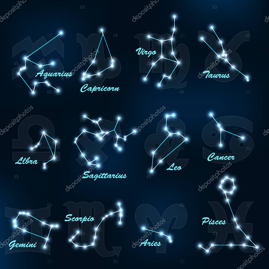 Horóscopo de neón azul.Un conjunto de signos vectoriales del zodíaco 2022