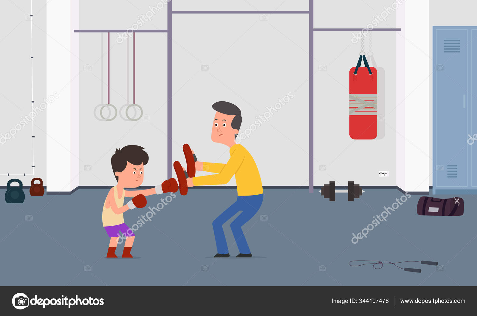 The child is being trained to box with the trainer in the gym. Stock ...