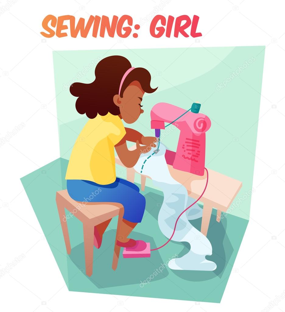 Cute african american girl sewing at machine Stock Vector Image by ...