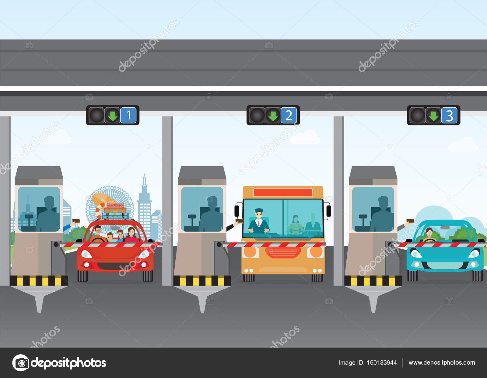 Driver cars passing through to pay road toll at highway toll boo Stock ...