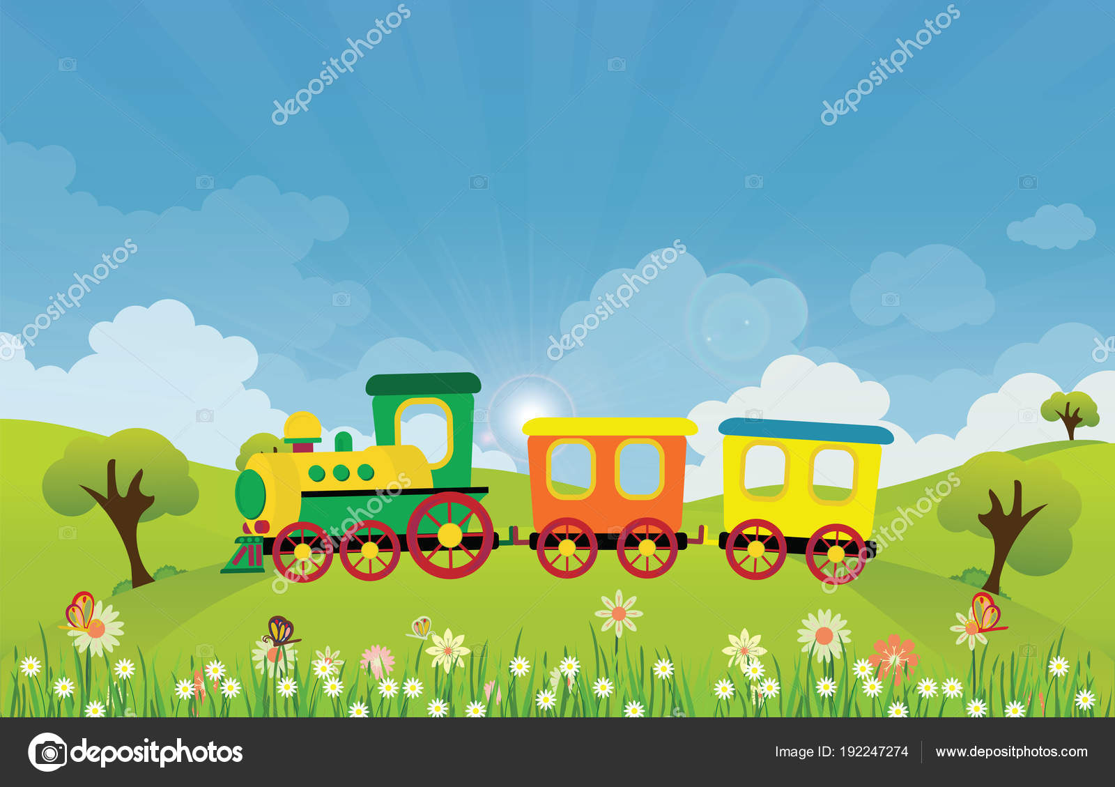 Toy train riding on Spring summer meadow landscape with sun rays Stock ...