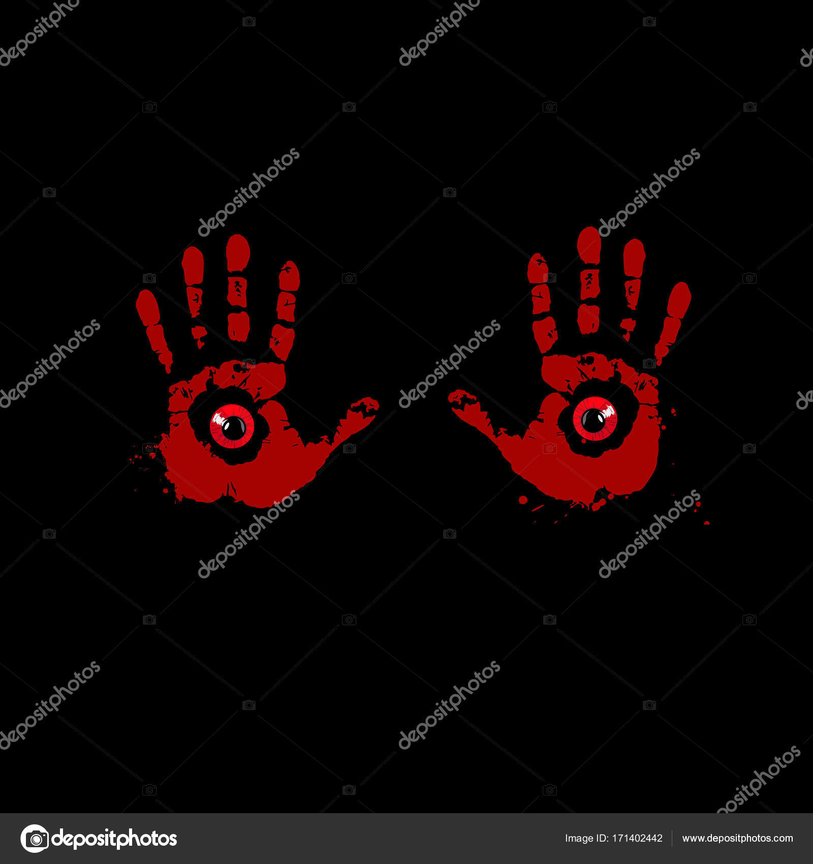 Huellas sangrientas de manos con ojos rojos dentro sobre fondo negro ...