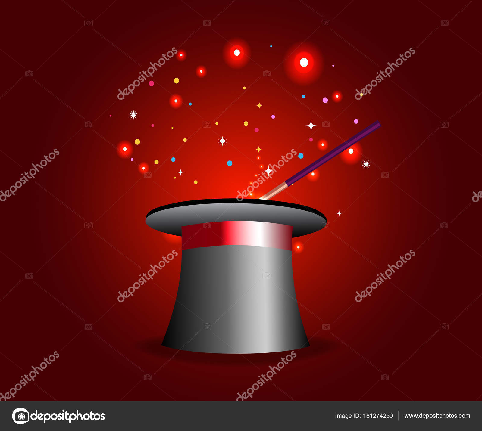 Magic hat and wand with sparkles on red background. Stock Vector Image ...