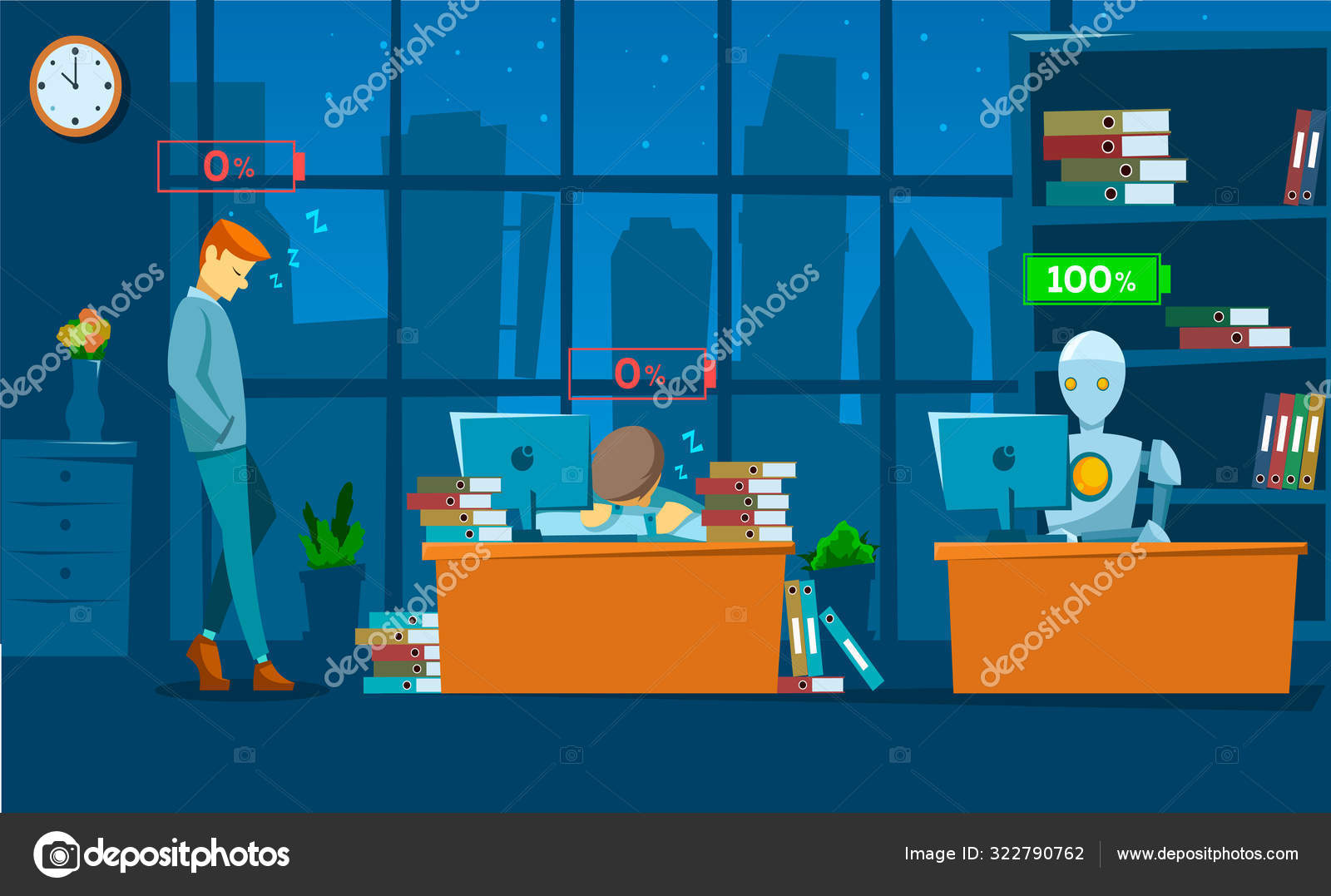 Human vs robots concept. Workers with low batteries icons are sleeping ...