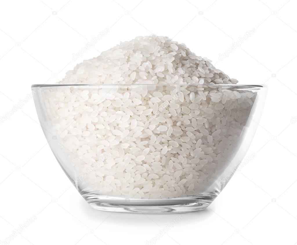 Rice in glass bowl isolated on white with clipping path Stock Photo by ...