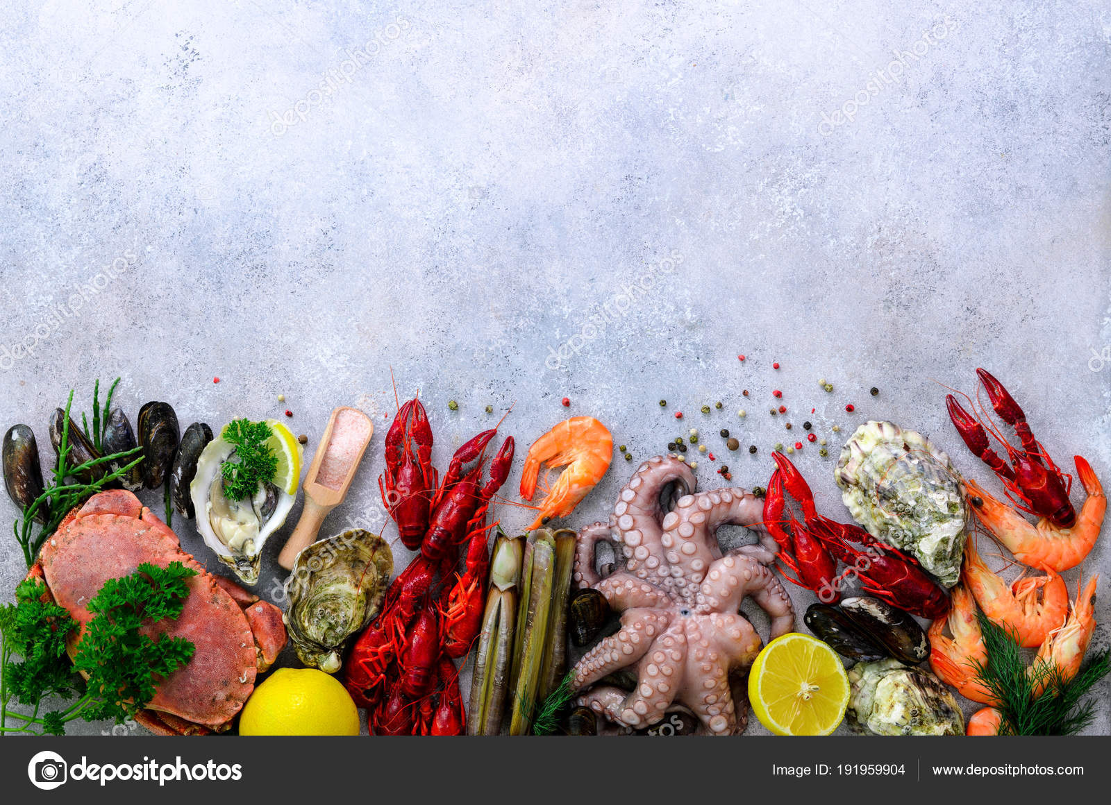 Seafood background - fresh mussels, molluscs, oysters, octopus, razor ...