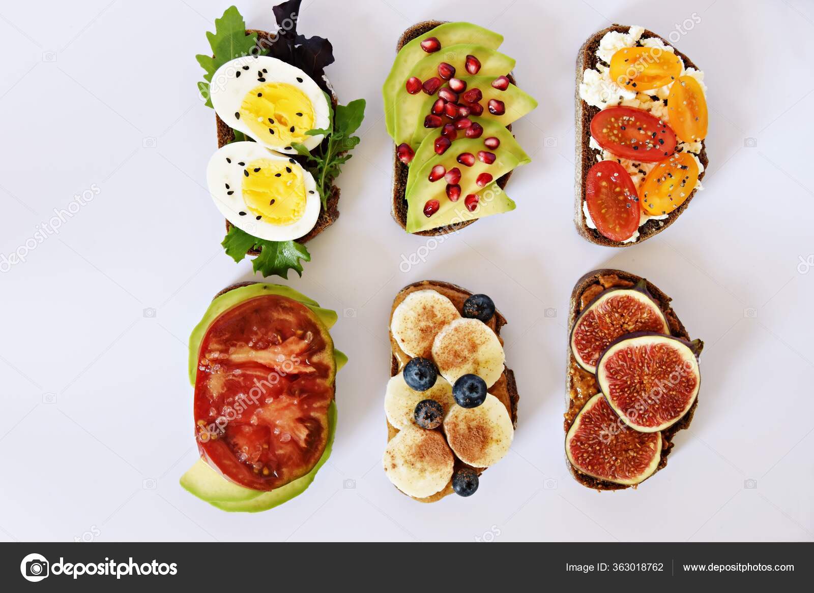 Six Different Toasts White Background Assorted Toasts Eggs Fruits ...