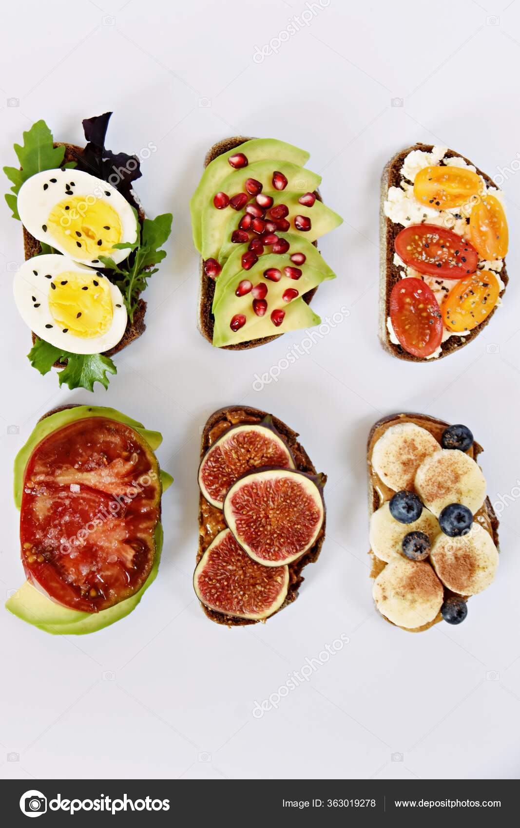 Six Different Toasts White Background Assorted Toasts Eggs Fruits ...