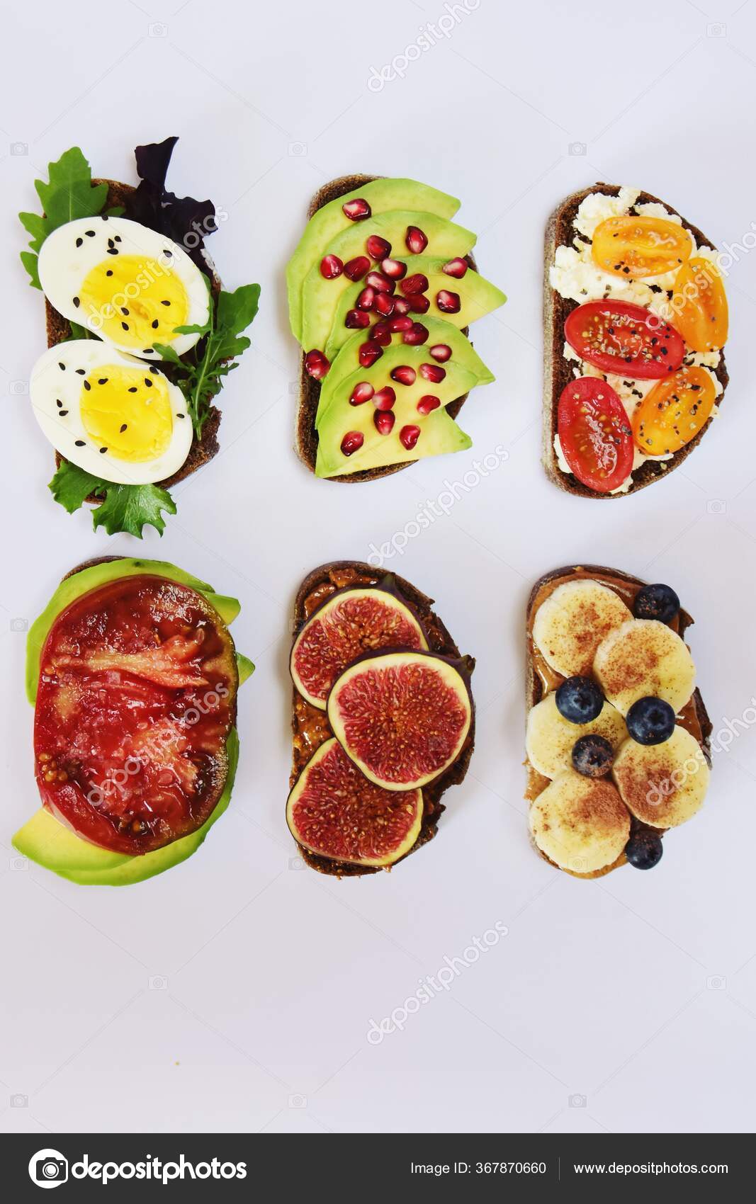 Six Different Toasts White Background Assorted Toasts Eggs Fruits ...