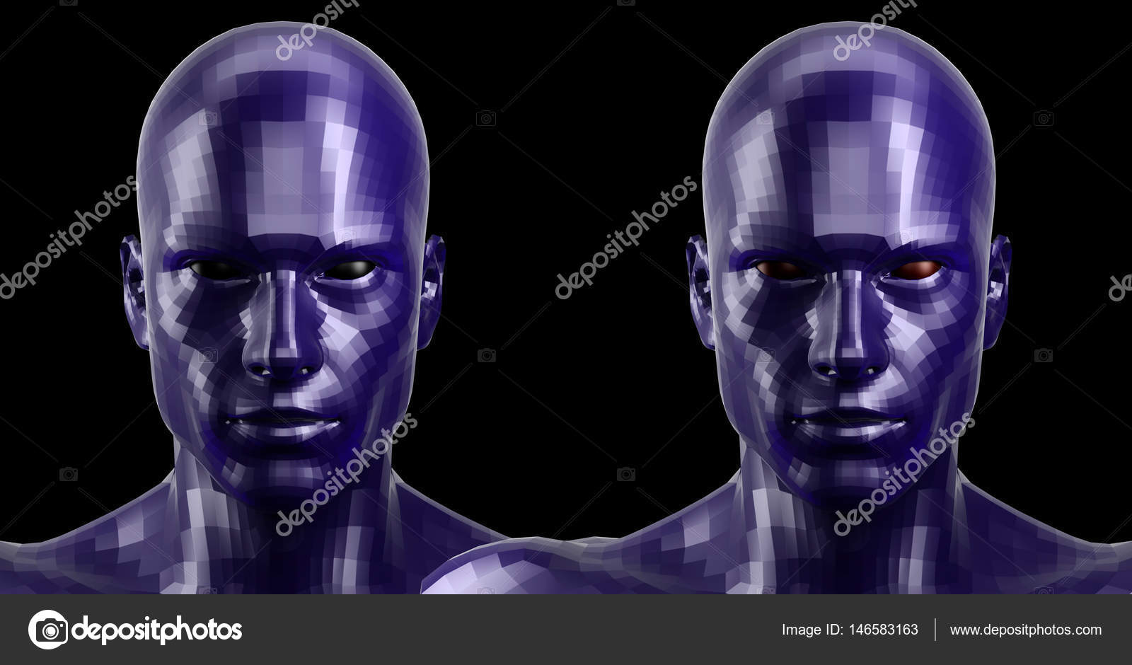 3d rendering. Two faceted blue android heads looking front on camera ...