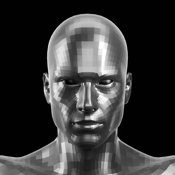 3D rendering. Faceted silver robot face with eyes looking front on ...