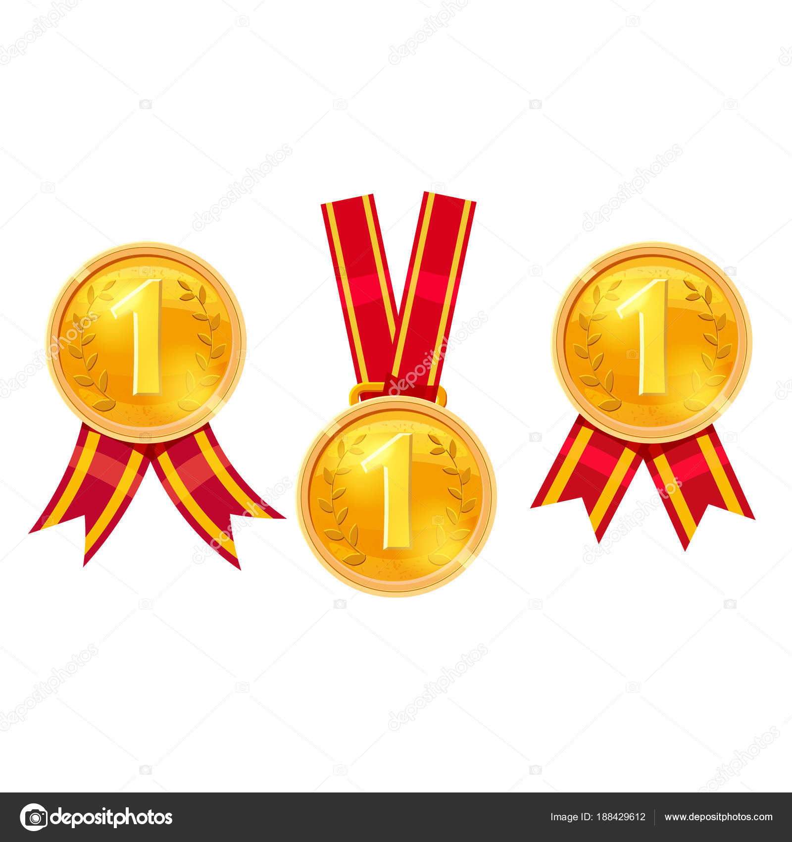 Set champion gold, award medals with red ribbons, vector isolated Stock ...