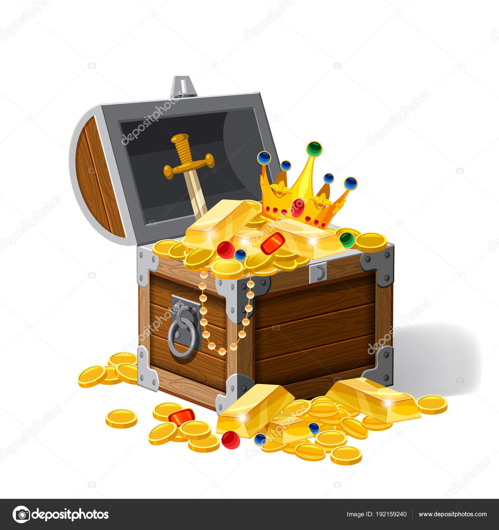 Old pirate chest full of treasures, gold coins, ingots, jewelry, crown ...