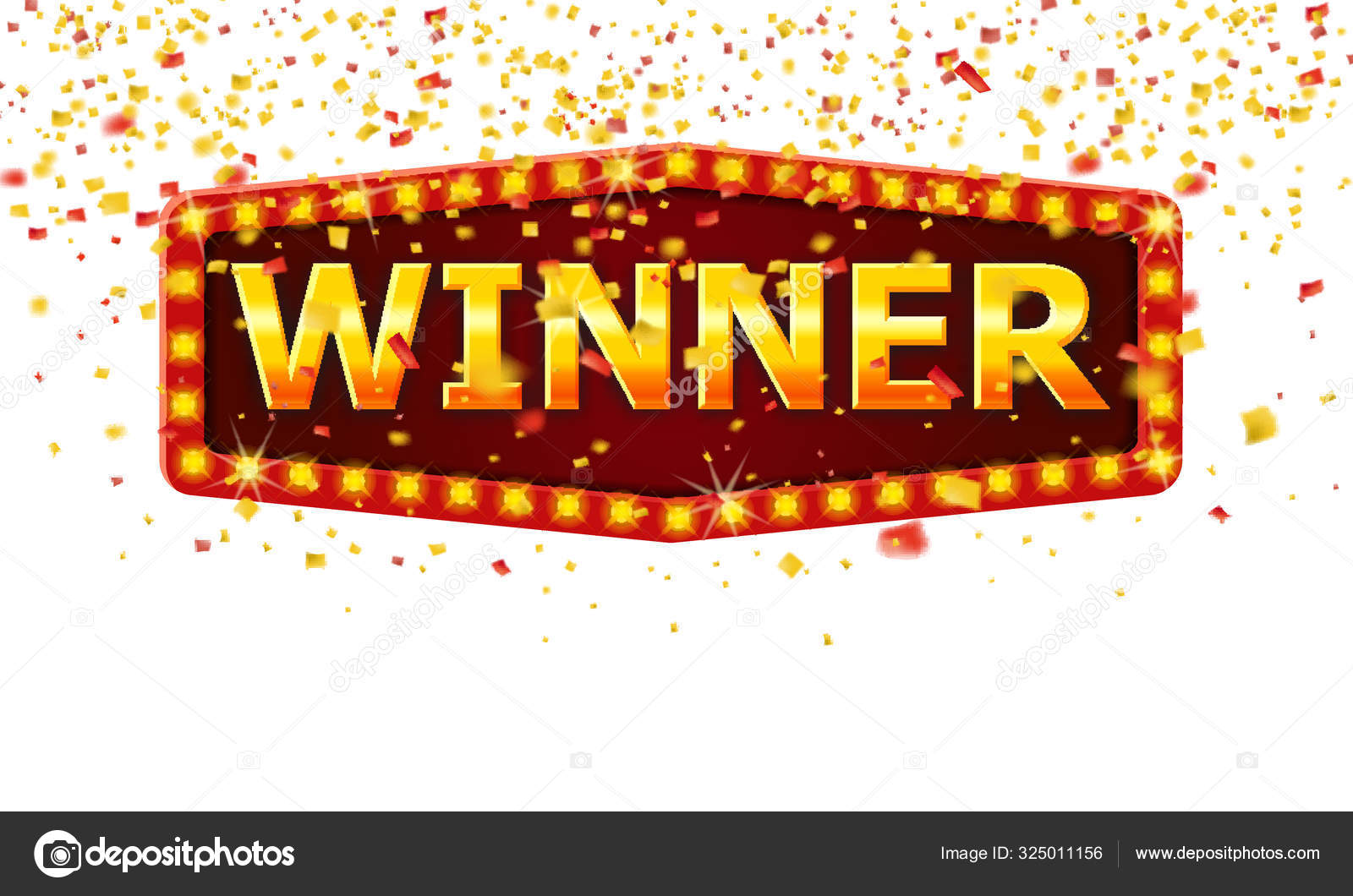 Winner frame label shiny banner with glowing lamps and gold confetti ...