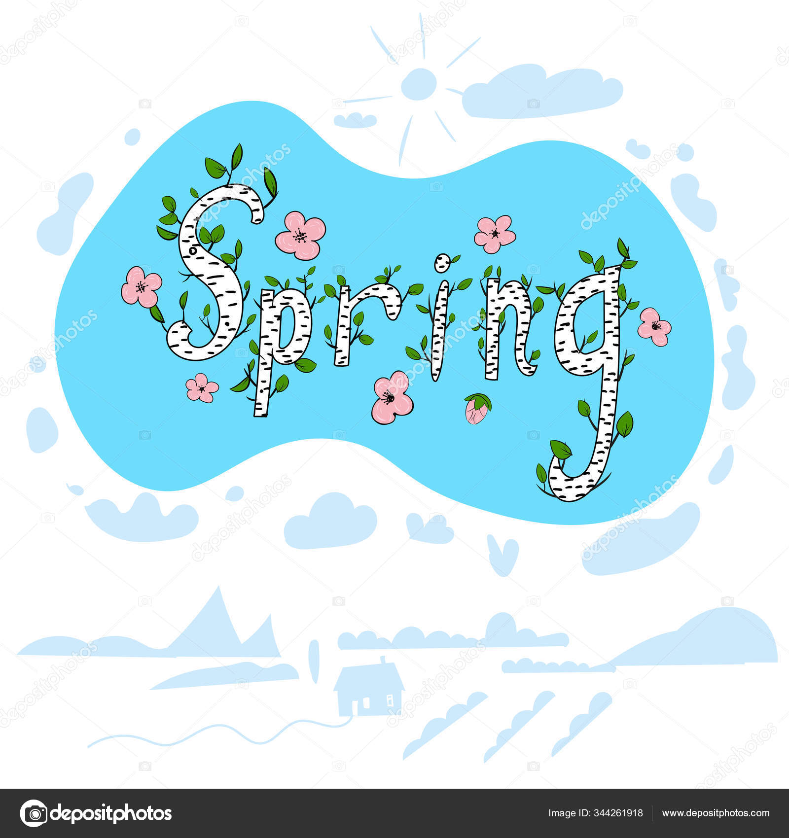 Spring banner sketched doodle hand drawn flowers and leaves. Greeting ...