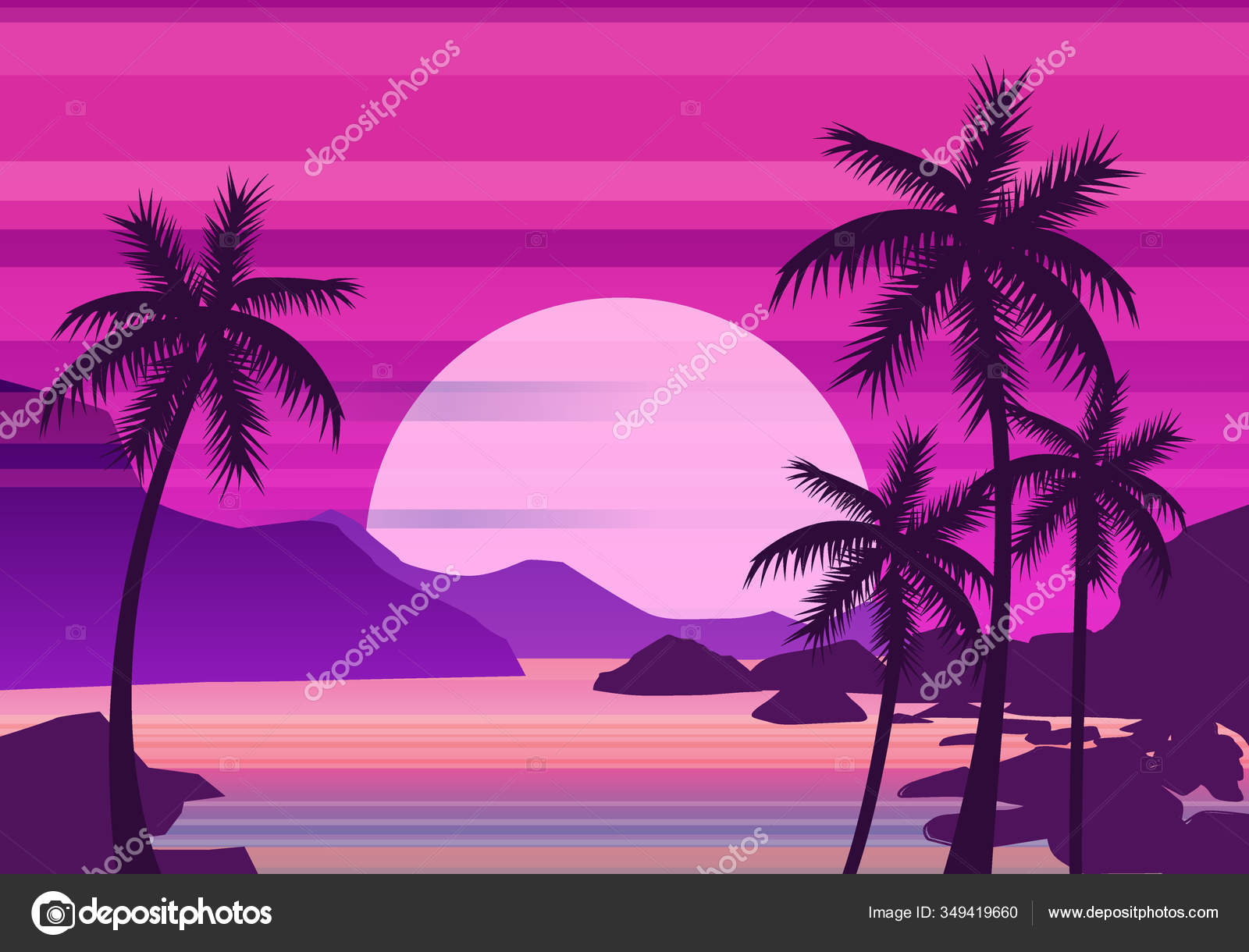 Purple Beach Sunset With Palm Trees