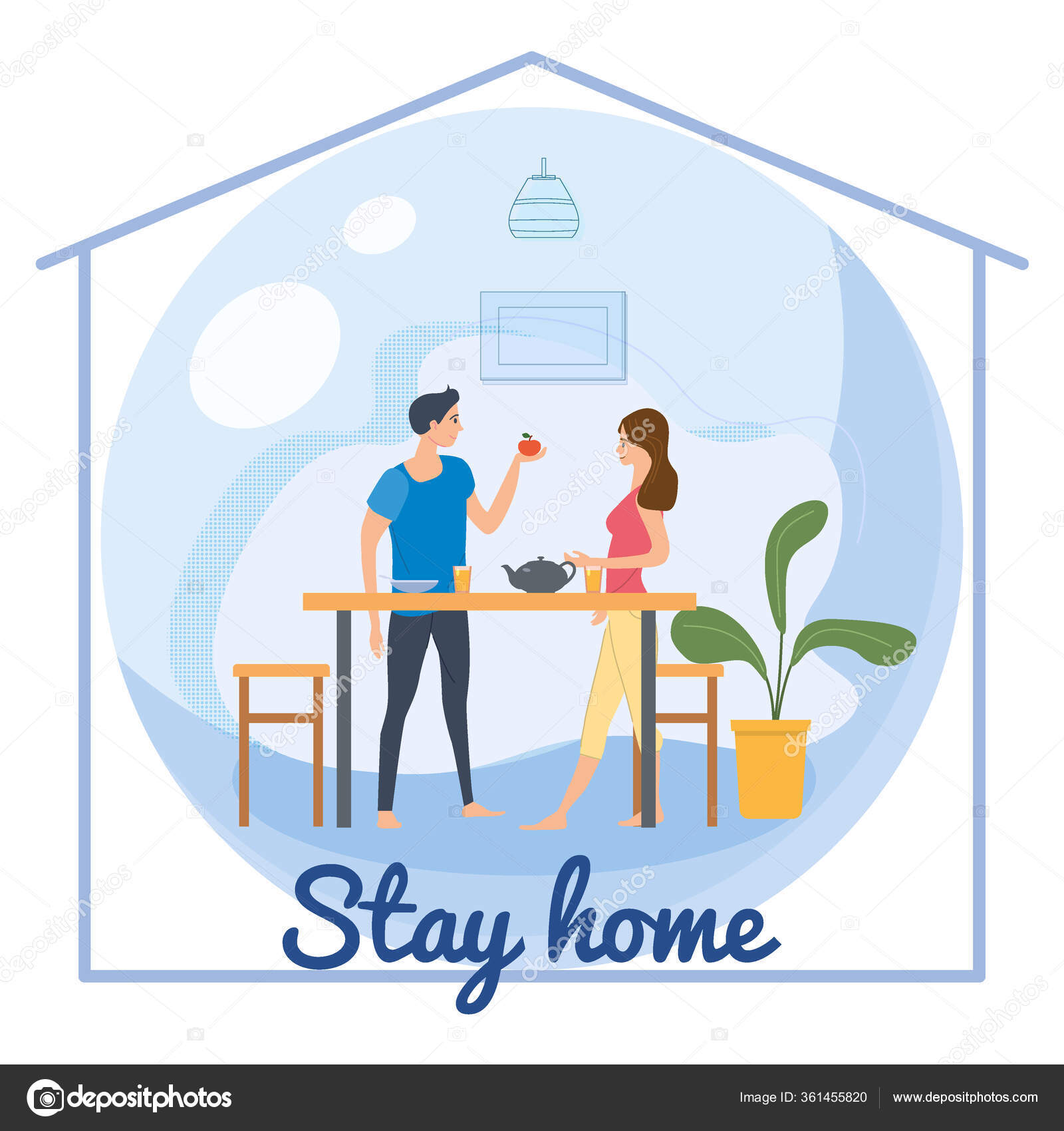 Stay home quarantine consept banner self isolation. Young couple family ...