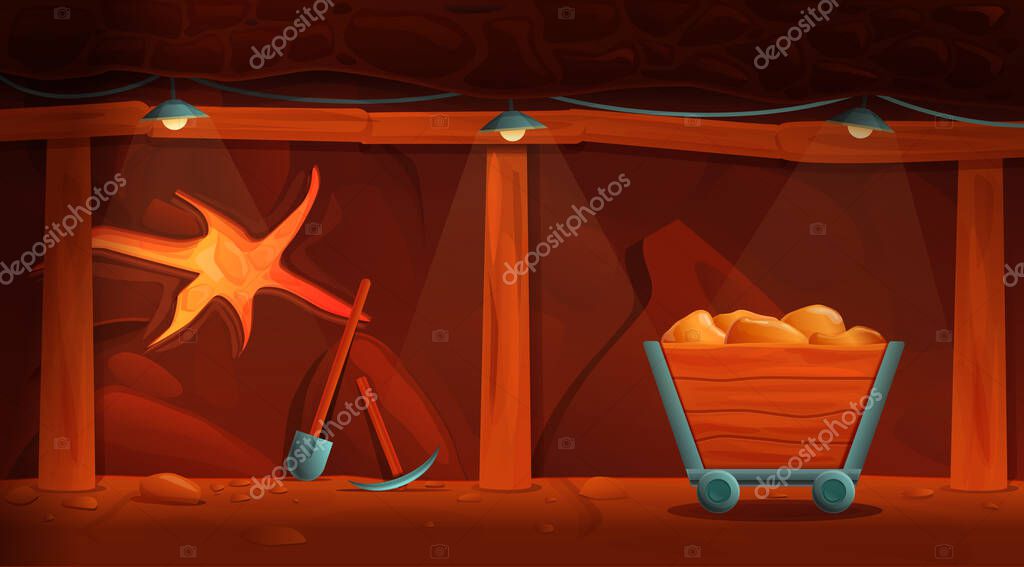 interior de una antigua mina de dibujos animados con oro y herramientas ...