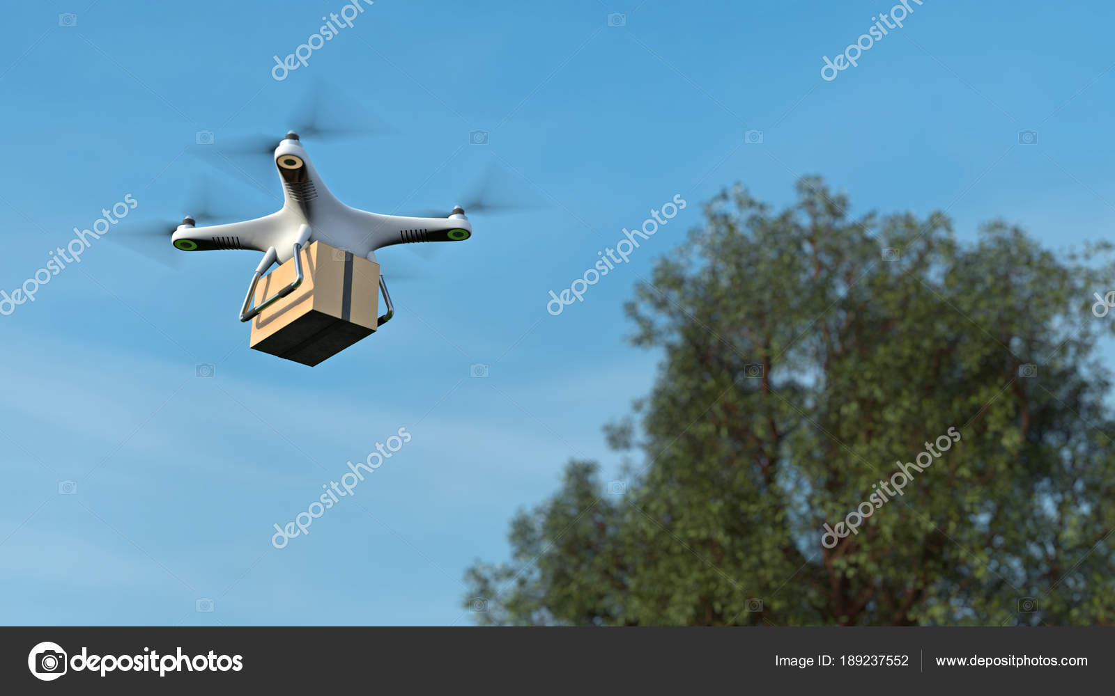 Drone Quadrocopter delivers a package on cityscape background ...
