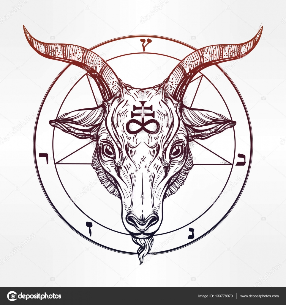 Pentagramme avec démon Baphomet, tête de bouc satanique — Image ...