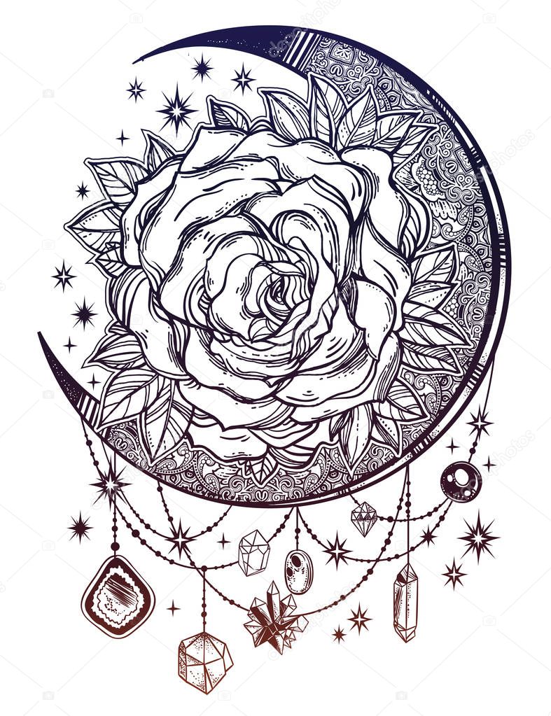Floral rose moon composition with beads gemstones. — Stock Vector ...