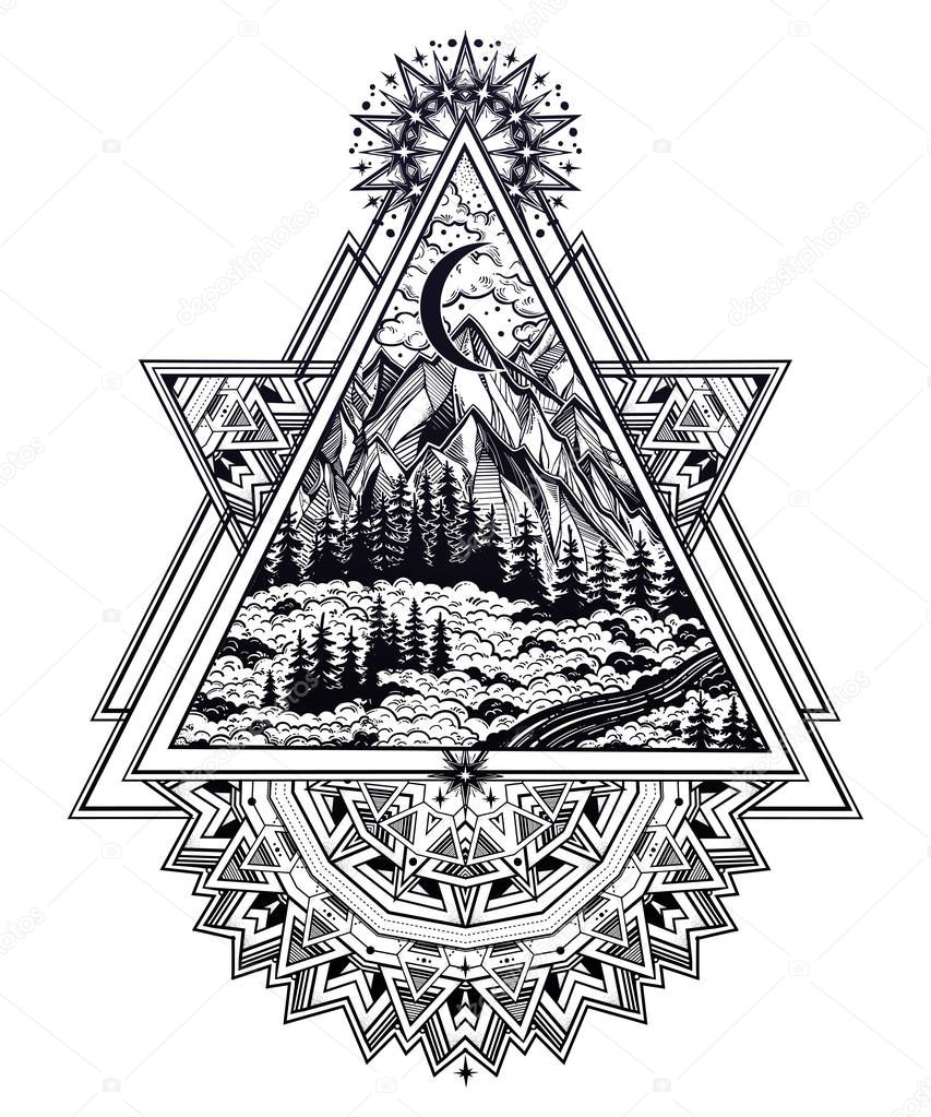 Triangle frame with landscape forest and mountains. — Stock Vector ...