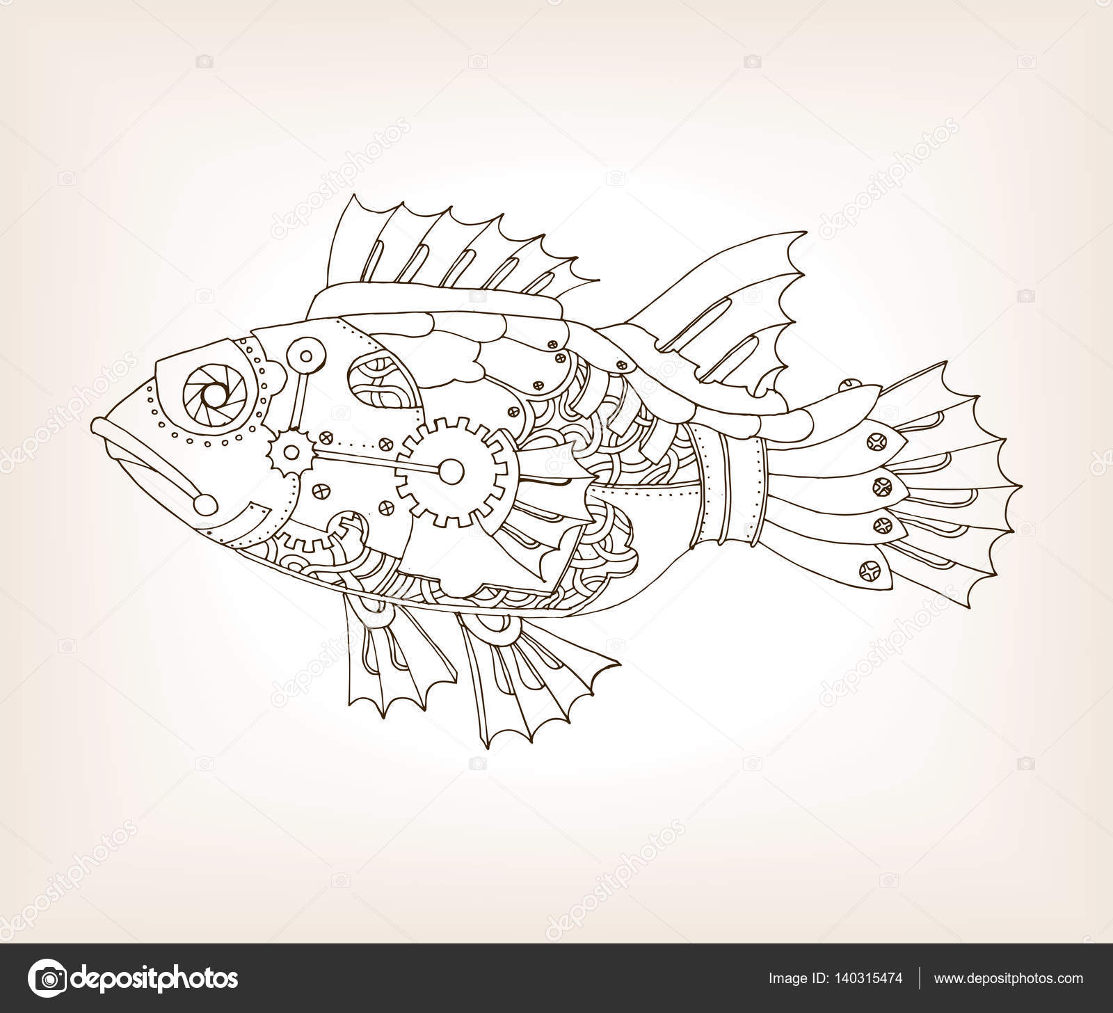 Ancient draft of mechanical fish vector Stock Vector Image by ...