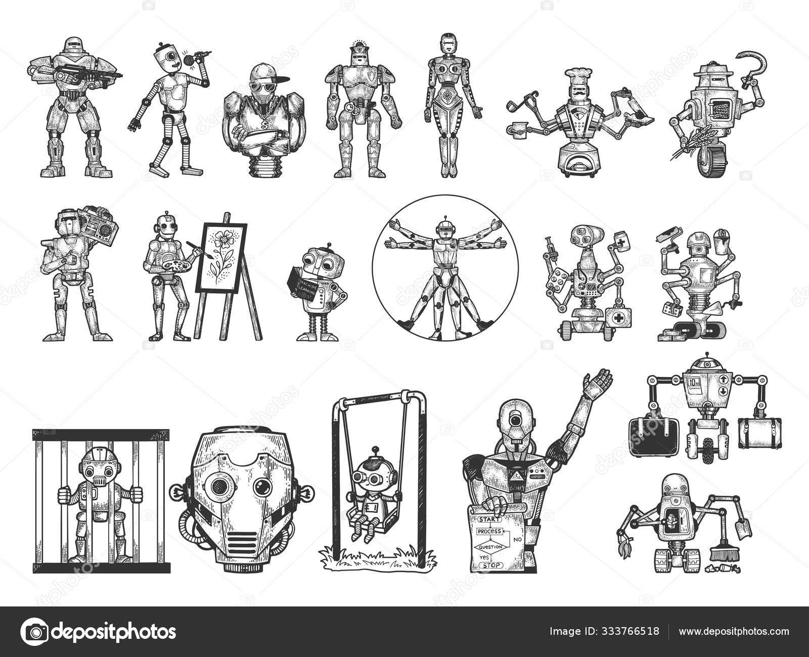 Robots set sketch engraving vector illustration. T-shirt apparel print ...