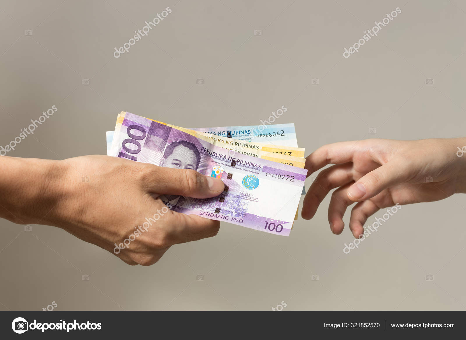 Hand Holding Giving Cash Banknotes Philippines Peso Paying Bills ...