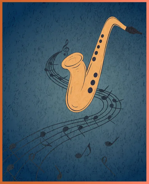 Illustration of saxophone and musical notes on stave, grunge background ...